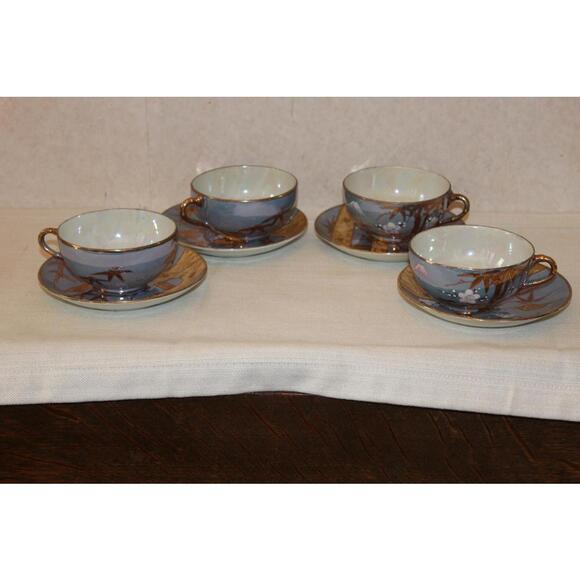 Dining | Vintage Japanese Blue Lusterware Cups And Saucers Set Of 4 ...